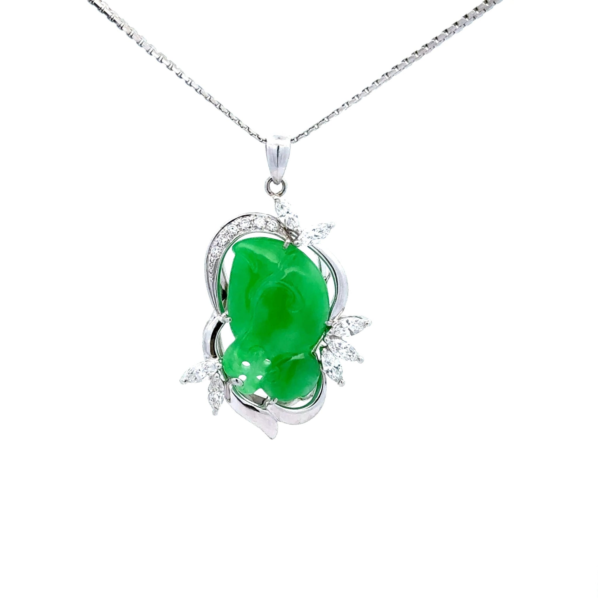 Carved Jadeite Jade Diamond Platinum Pendant Necklace